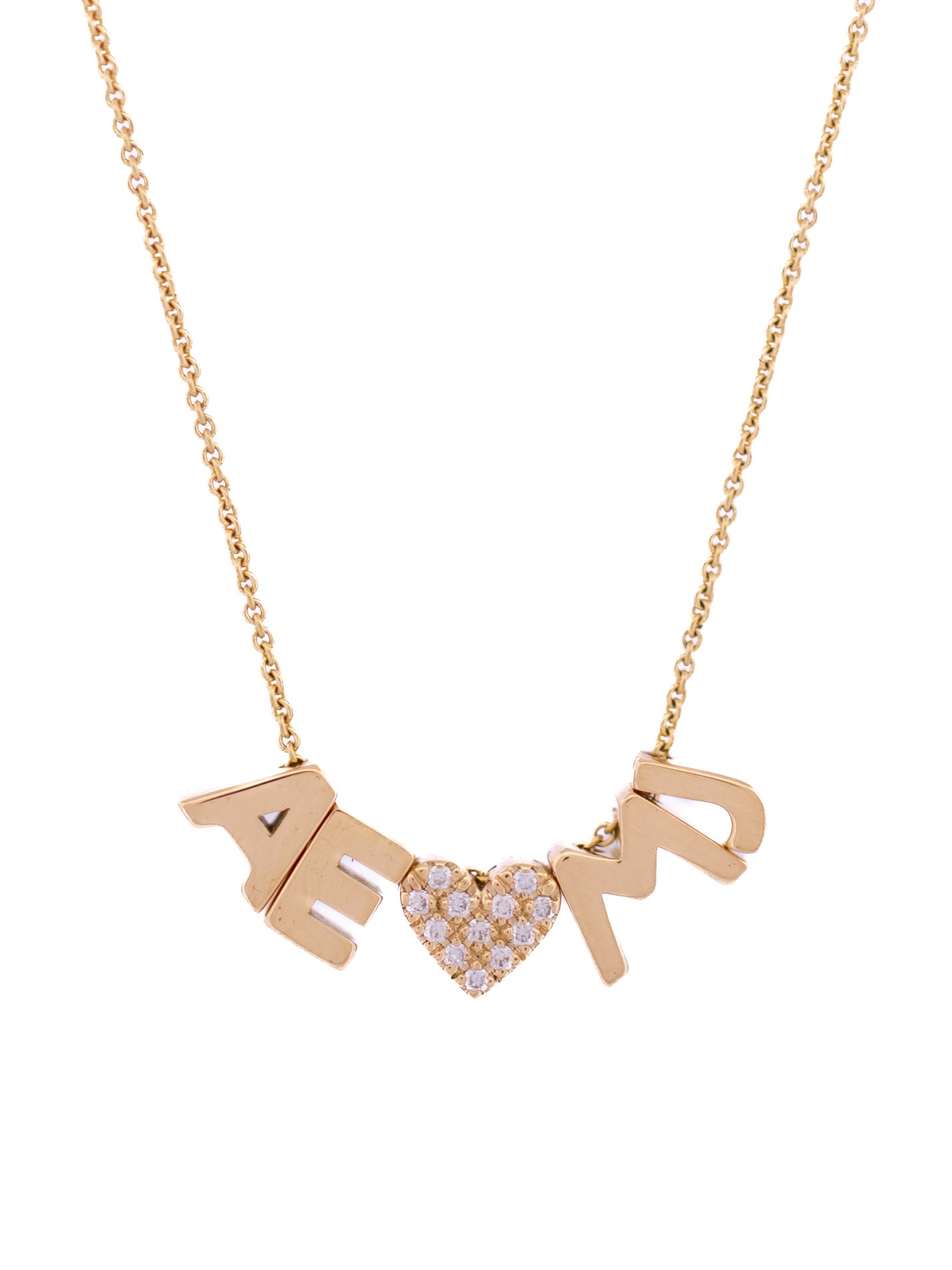 18-karat gold letter necklace with four gold letters and one diamond s