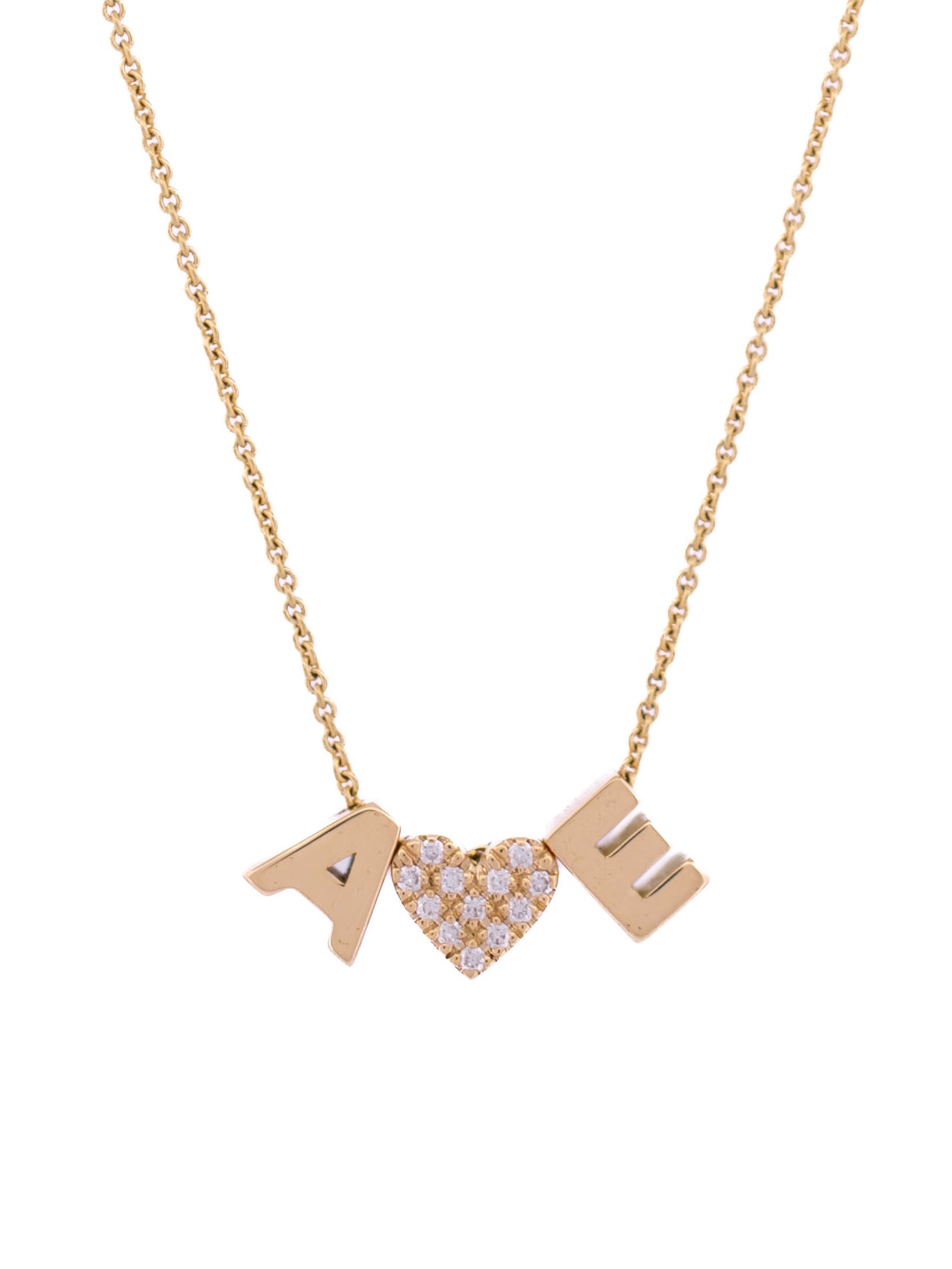 18-karat gold letter necklace with two gold letters and one diamond sy